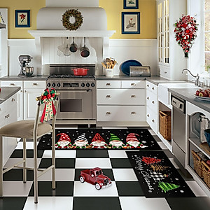 Christmas Kitchen Rugs Set of 2 - Buffalo Plaid Tree Gnomes Black Kitchen mat, Winter Holiday Party Low-Profile Floor Door Mat Merry Christmas Decorations for Home Kitchen - 17x29 and 17x47 Inch