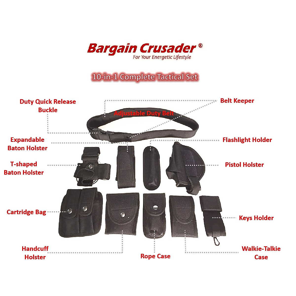 Bargain Crusader Duty Belt Military Tactical Modular Equipment Law Enforcement Police Security Guard Hunting Game Versatile Utility Adjustable Tool Belt (Adjustable 35"-45". 9 pouches, Black)