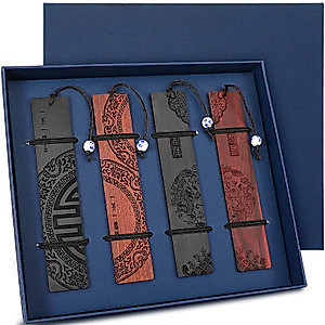 4 Pieces Wood Bookmark for Men Women Book Lovers, Handmade Natural Wooden Carving Book Mark Bookmarks Box Set, Ideal for Birthday Present, Teachers Appreciation (Traditional Style)
