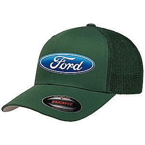 Ford Oval Script Logo Flexfit Trucker Mesh Fitted Cap Forest