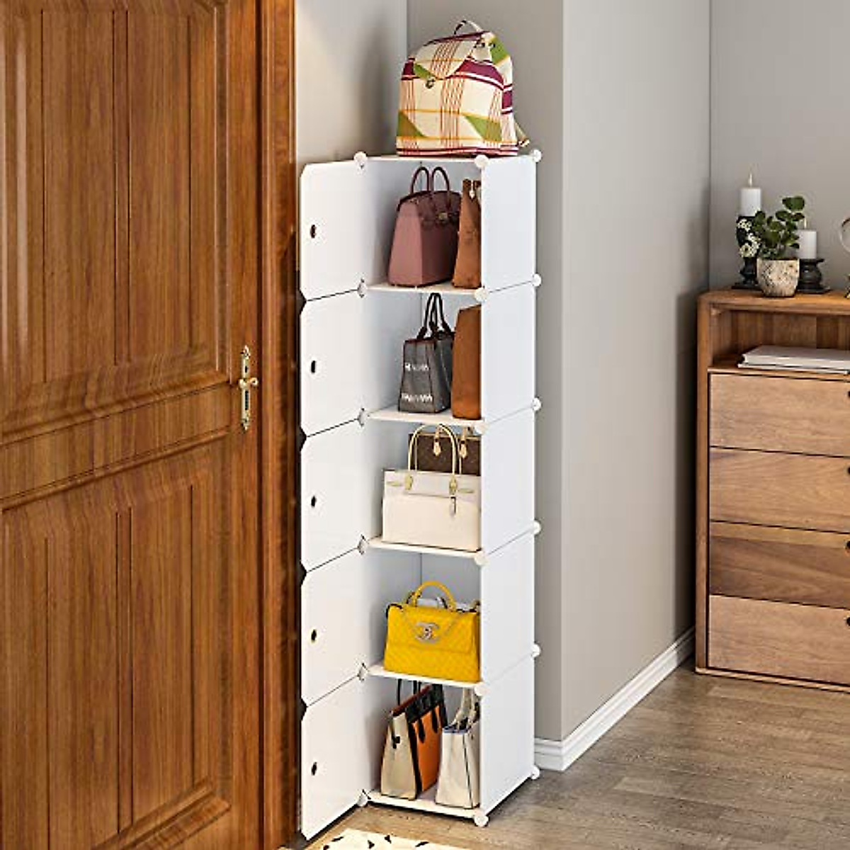 Aeitc Cube Organizer 5-Cube (11.8inx11.8in) Narrow Cabinet Closet Storage Shelves Plastic Storage Shelving for Bedroom, Living Room, Office, White with Doors