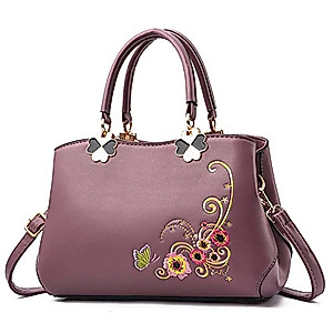 Embroidery Flowers Handbags for Women Ladies Tote Shoulder Bags PU Leather Satchel Top Handle Satchel Purse (Purple B)