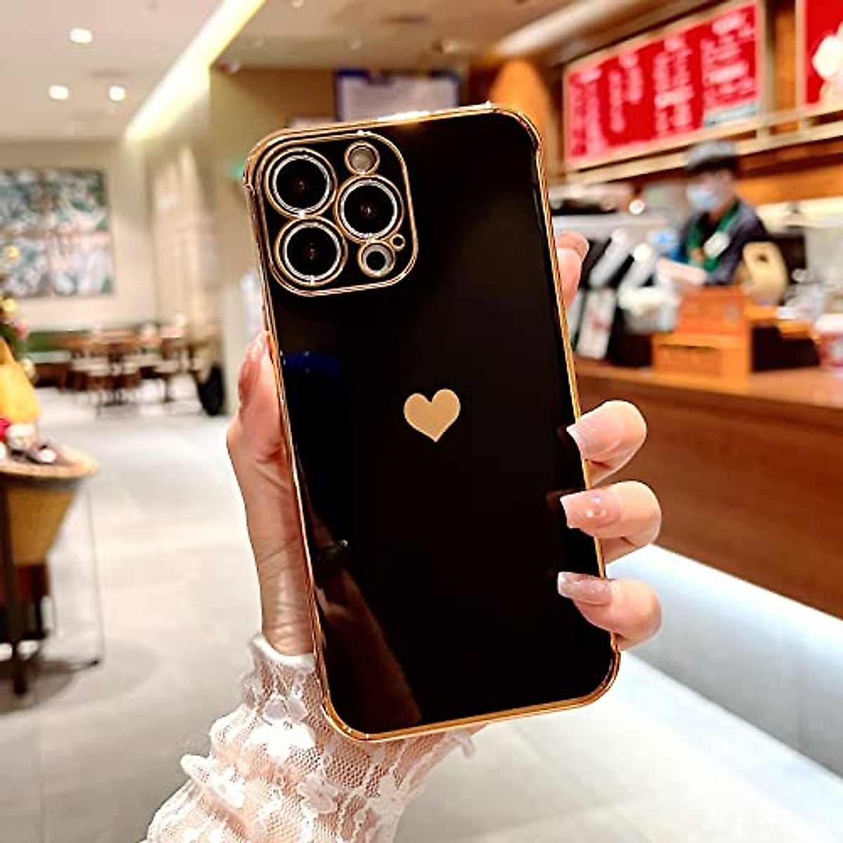 imluckies Compatible with iPhone 14 Pro Max Case, Shockproof TPU Cover with Luxury Gold Plating Edge & Love Heart Pattern, Full Camera Protection Case for Women Girls 6.7" (2022), Black