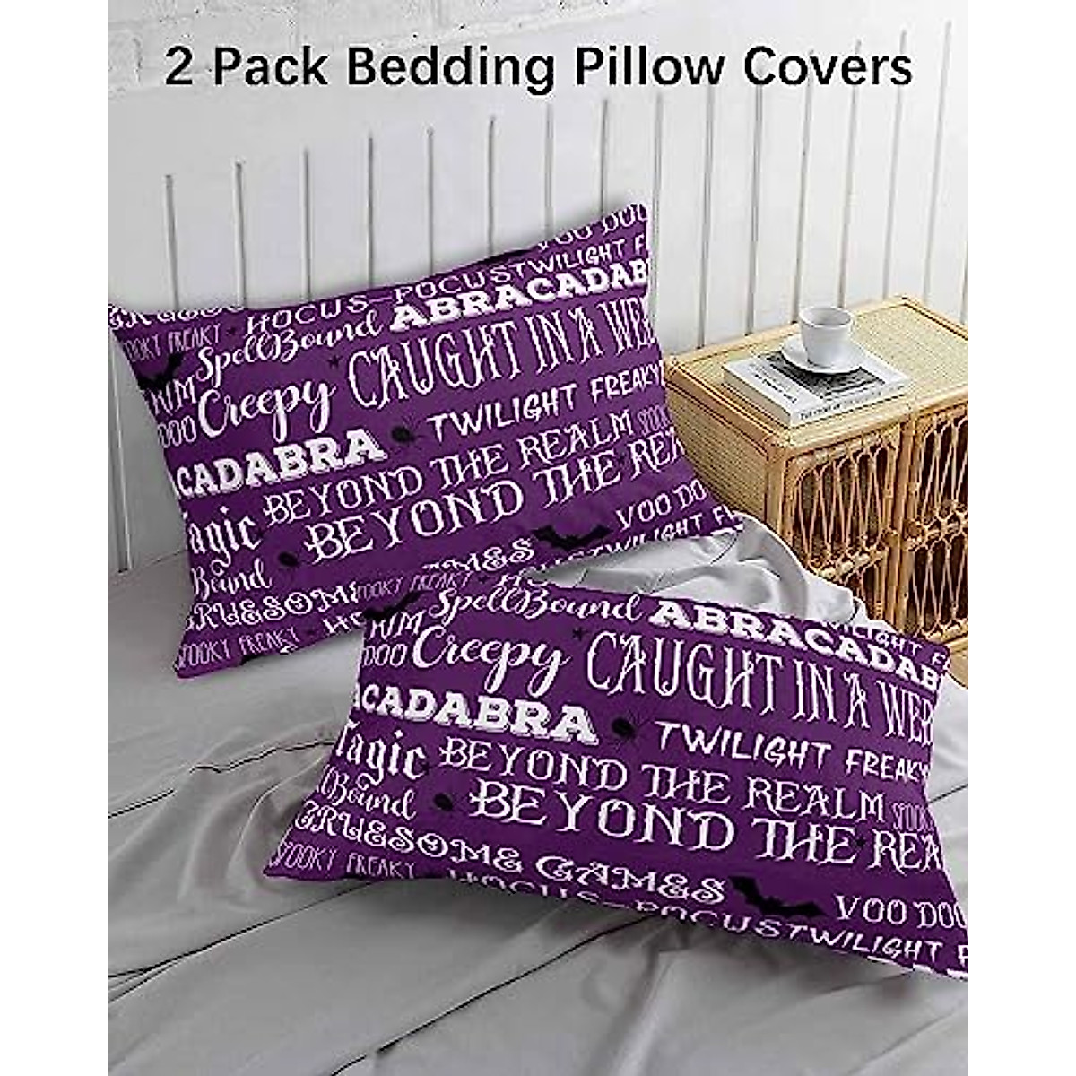 Edwiinsa Halloween Pillow Covers Standard Size Set of 2 Bed Pillow, Rustic Black Bat White Words Purple Plush Soft Comfort for Hair/Skin Cooling Pillowcases with Envelop Closure 20''x26''