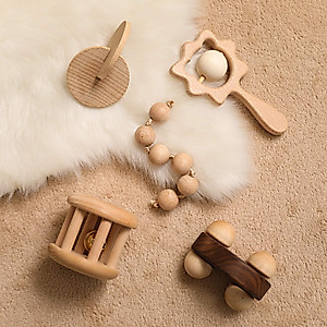 Wooden Baby Toys for Babies 0-6 Mounths, Wooden Rattles Grasping Toys Set, Montessori Wood Baby Push Car and Handbells，Interlocking Dics Toys, Wooden Toy for Newborn Infant Baby Gifts, 5 PCS
