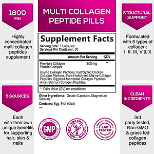 Collagen for Women & Men, Type I, II, III, V, X Collagen Pills Complex, Grass Fed Non-GMO, Nature's Hydrolyzed Multi Collagen Peptides Supplement, Hair, Skin, Nail, Joint Health Support - 240 Capsules