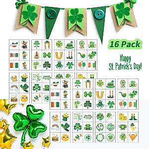 16 Sheets St Patrick's Day Tattoos for Kids, 96 Pieces Glitter Temporary Tattoos Green Shamrock Hat Irish Pattern Stickers for Face Body St Patricks Day Decorations Party Favors
