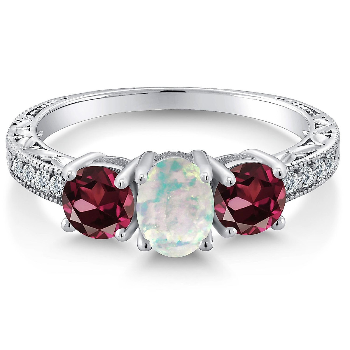 Gem Stone King 925 Sterling Silver Cabochon White Simulated Opal and Red Rhodolite Garnet Women's Ring (1.95 Cttw, Available In Size 5, 6, 7, 8, 9)