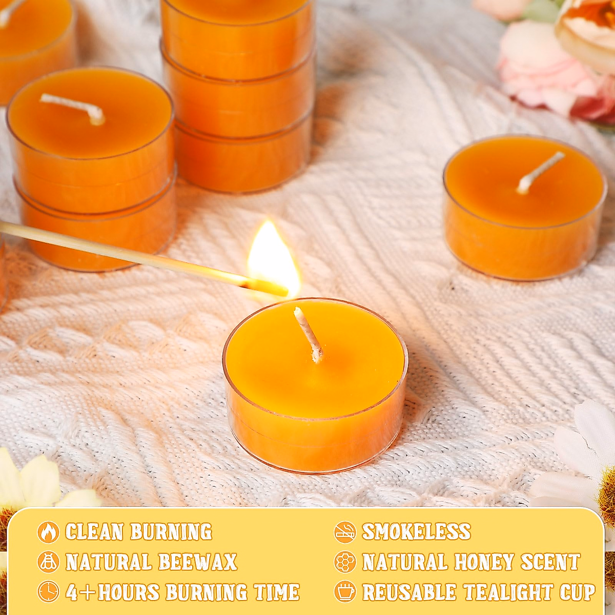 Rossesay 100 Pcs Pure Beeswax Tealight Candles Bulk Tea Light Candle with Clear Cup 2-4 Hour Burn Time Unscented Natural Beeswax Tealights for Centerpiece Table, 0.7 x 1.5 Inch(Round Shape)