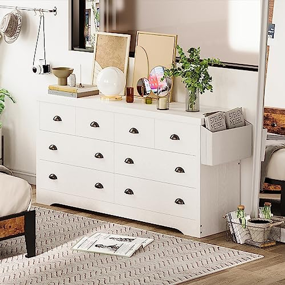 LIKIMIO Dresser 8 Drawer, Modern Wood Bedroom Dresser with with Charging Station and Storage Bag, Storage Chest of Drawers for Living Room Hallway Entryway, White