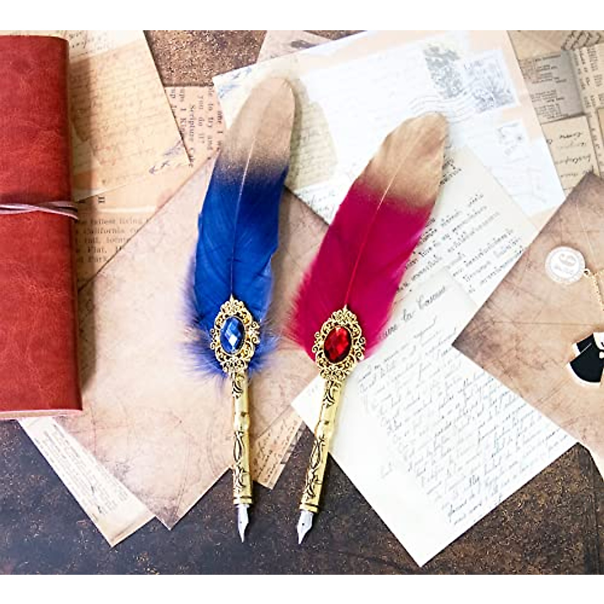 Jubapoz Feather Pen Calligraphy Pen and Ink Set Antique Platinum Quill Pens with Ink for Writing, Drawing, Signature, Wedding, Birthday Gifts, Retro Decor (Navy Blue+Golden)