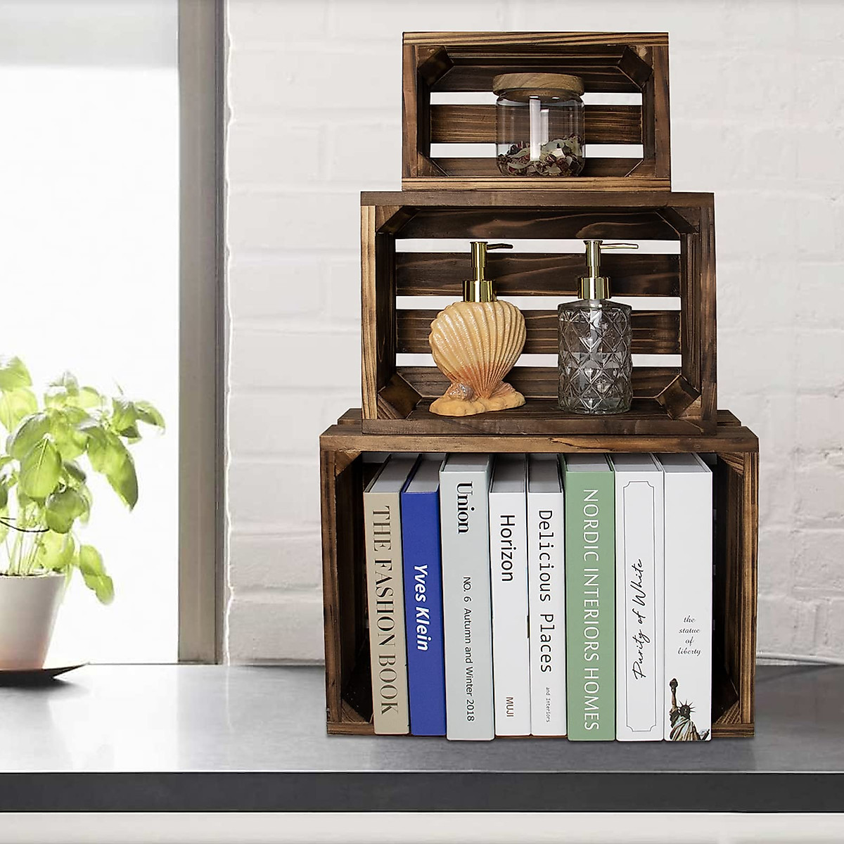 TNQNCFL Wooden Crate for Display and Storage，Rustic Decorative Wood Crate，Nesting Storage Box，Wood Basket，Handmade Natural Solid Wood Box，Farmhouse Container Boxes（Extra Large Set Of 3）