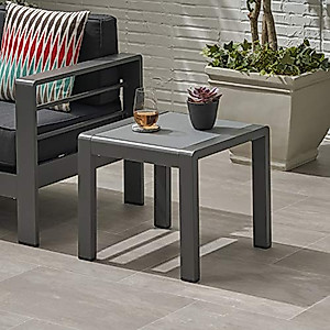 GDFStudio Outdoor Aluminum Side Table with Glass Top, Matte Gray and Gray Finish