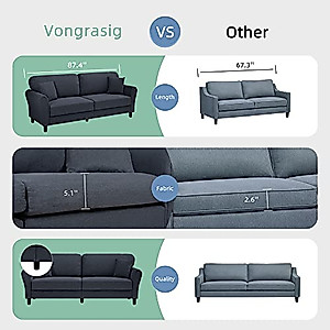 Vongrasig 87.4" Loveseat Sofa, Mid Century Modern Linen Fabric 3-Seater Love Seat Couch with Curved Armrest for Living Room, Bedroom, Apartment and Small Space (Dark Grey)