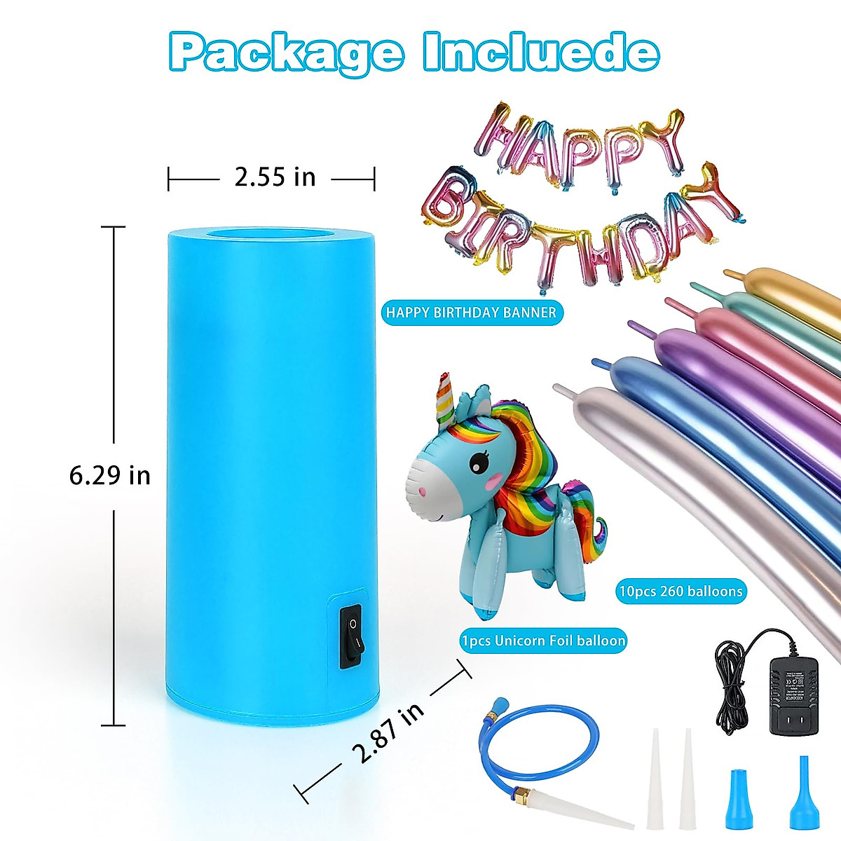 ALUNME Balloons Pump Electric for All Balloons,Portable 260 Balloon Pump Electric Blower Inflator,w/10pcs 260 Balloons,Foil Unicorn Balloon&Extension Tube