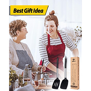 Pack of 2 Silicone Solid Turner ,Non Stick Slotted Kitchen Spatulas ,High Heat Resistant BPA Free Cooking Utensils ,Ideal Cookware for Fish ,Eggs ,Pancakes (Black)