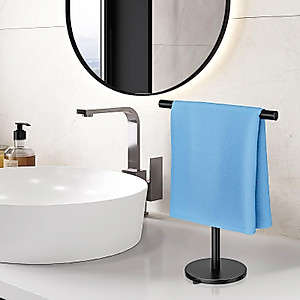 PUWWOT T-Shape Hand Towel Holder Stand with Large Suction Cup Base, Free Standing Hand Towel Rack for Bathroom or Kitchen Countertop, Stainless Steel (Black)