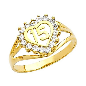 10k Yellow Gold Sweet 15 Anos Quinceanera Heart Ring with Cubic Zirconia (Size 7)