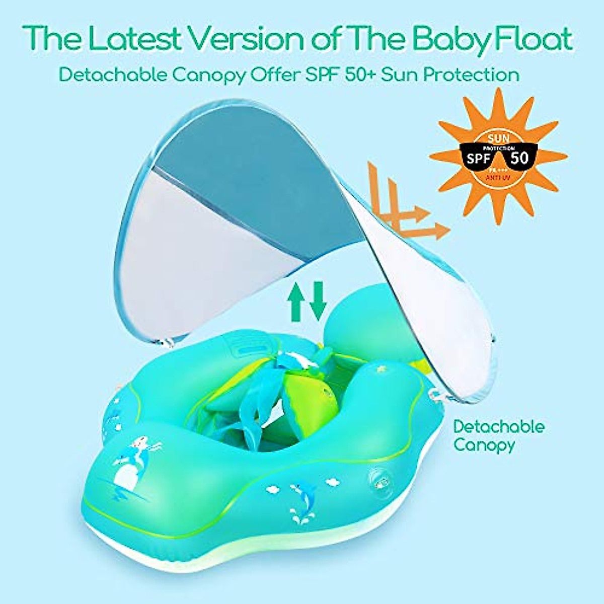 Relaxing Baby-Pool Float with Adjustable Seat Pocket with Canopy of UPF 50+UV Protection Anti-Slip Crotch, Add Tail Chamber Baby Floats for Pool Accessory Air Pump and 2 Pool Toys for Toddler 6M-3Yrs