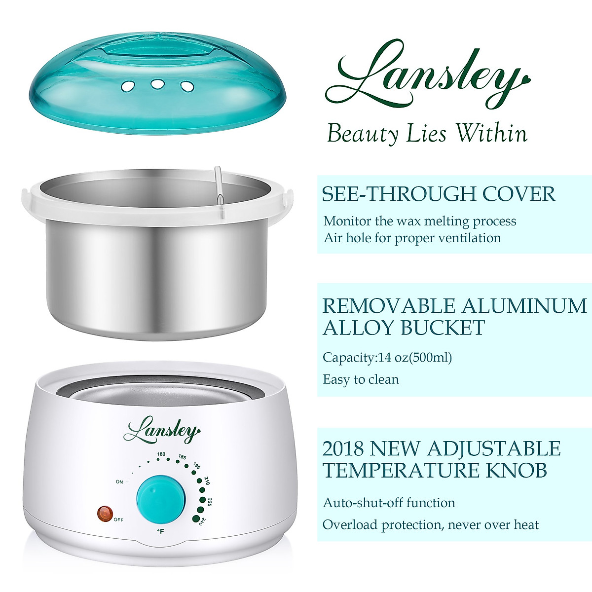 Lansley Wax Warmer Hair Removal Home Waxing Kit Electric Pot Heater for Rapid Waxing of All Body, Face, Bikini Area, Legs with 4 Flavor Hard Wax Beans & 10 Wax Applicator Spatulas(At-home Waxing)
