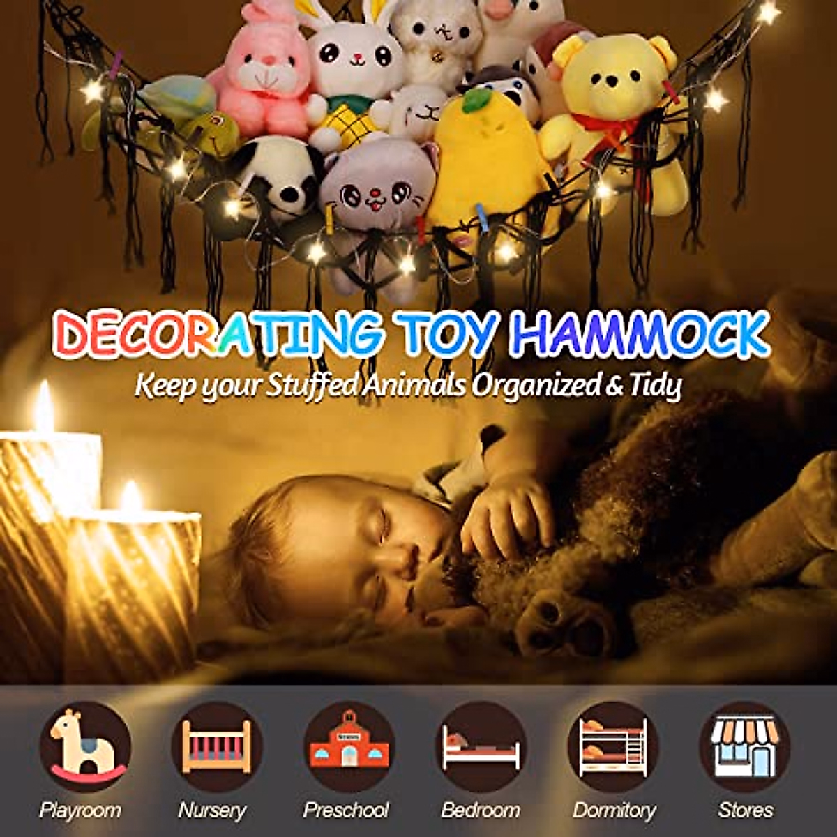 Stuffed Animal Net or Hammock with LED Light, Hanging Stuffed Animals Storage Hammock, Boho Macrame Toy Hammock Holder with Hooks, Corner Plush Toys Net Organizer for Bedroom Nursery Kids(Black)