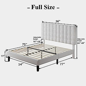 iPormis Full Size Platform Bed Frame, Faux Leather Upholstered Bed Frame with Square Tufted Headboard, Wood Slats Support, No Box Spring Needed, Easy Assembly, White