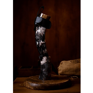 NORSE EMPIRE 12Oz Viking Drinking Horn with Stand Authentic Unique Beer Gift for Men and Women Medieval Stein for Mead Ale Whiskey | Home Decor Accessories Natural Shine Finish - Raven