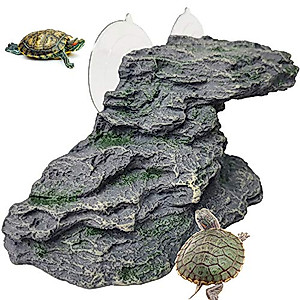 Turtle Basking Platform Reptile Climbing Shale Resin Step Ledge Stone Aquarium Ornament Rock Landscaping Decoration with Suction Cups for Frogs Newts Amphibians Lizard (Medium:8.2”Lx3.3”Wx3.1”H)