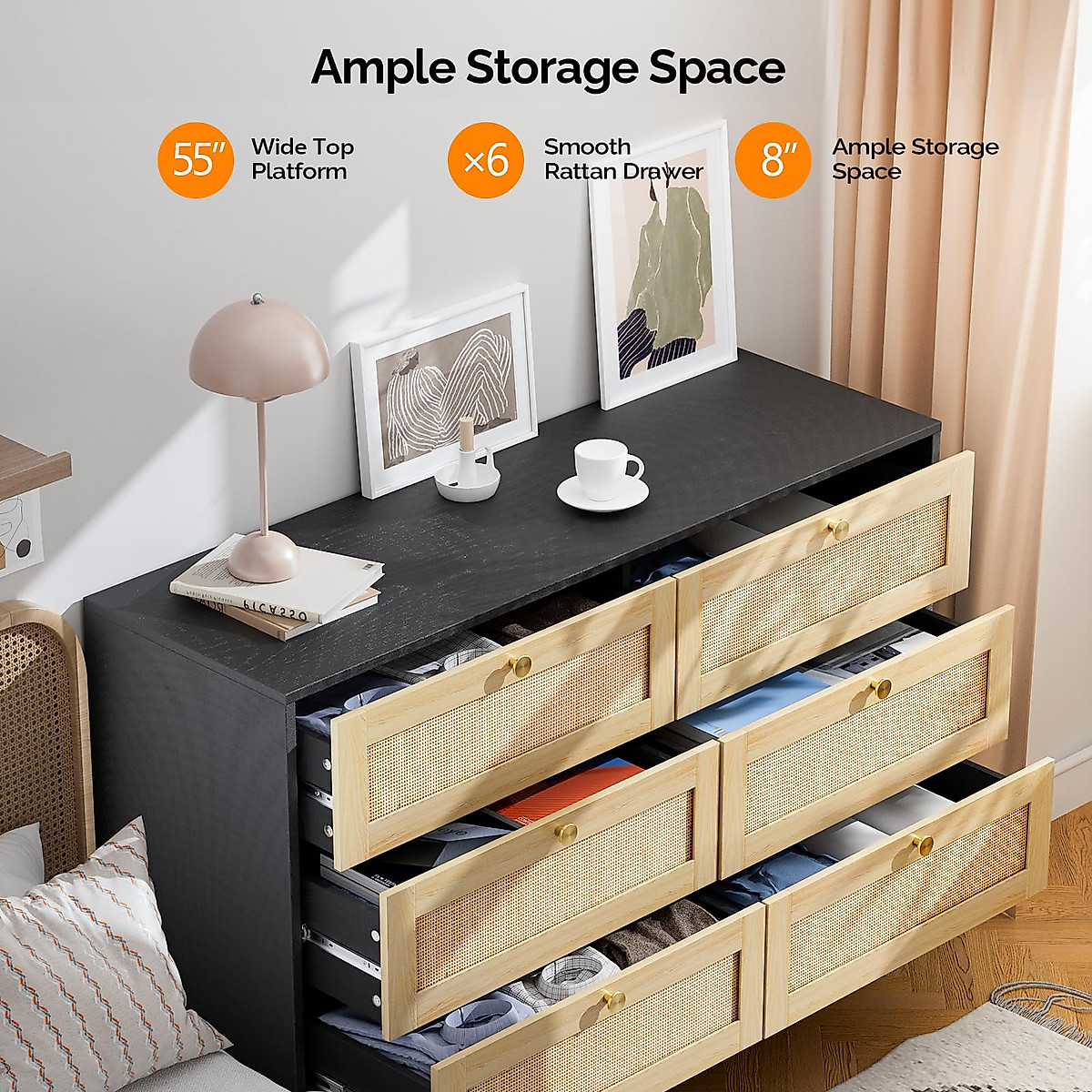 VINGLI Rattan Dresser, Boho Dresser, 47" Long Dresser, Black Rattan Dresser 6 Drawer Dresser, Rattan Dresser for for Bedroom, Black and Gold Dresser, Black Wicker Dresser, Boho Dressers for Bedroom