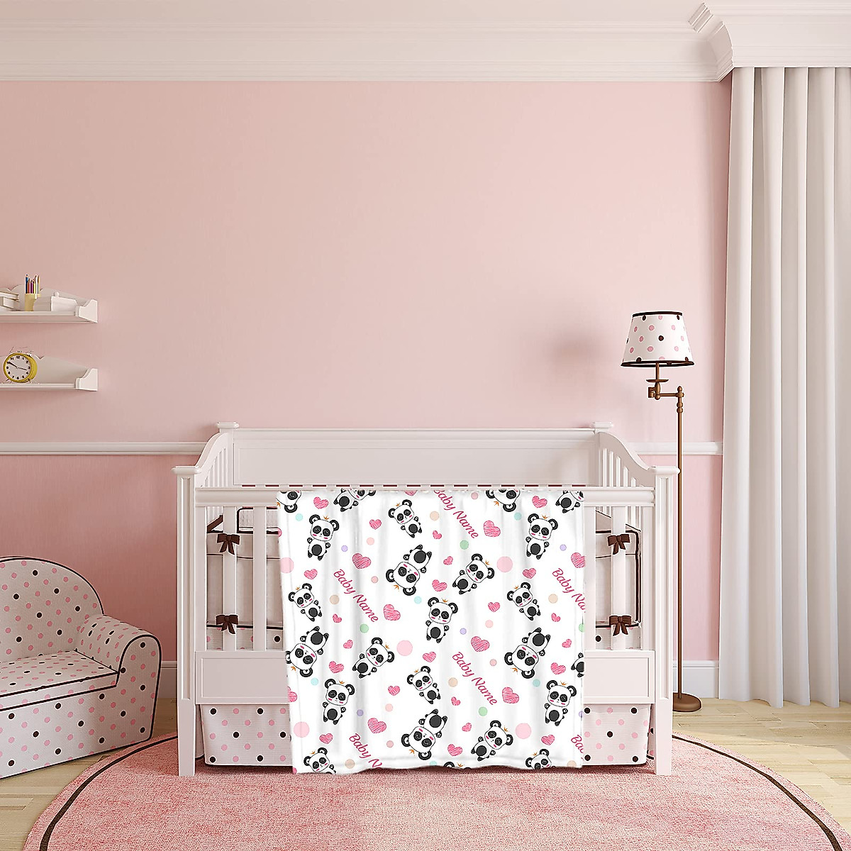 Personalized Cute Panda Printed Minky Baby Blanket with Name, Custom Panda Hearts Patterns Toddler Bedding Blanket for Baby Girls, Birthday Gifts for Newborn Infant, 30" X 40"