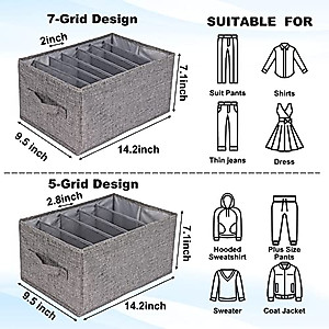 Fixwal 4pcs Wardrobe Closet Organizers and Storage with Support Board, 2pcs 7-Grid and 2pcs 5-Grid Foldable Jeans Organizer for Shelf Drawer Storage Bin Container for Shirts Pants Sweaters, Grey