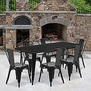 EMMA + OLIVER Commercial Grade Rectangular Black Metal Indoor-Outdoor Table Set-6 Stack Chairs