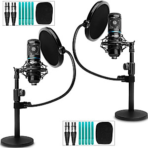 Movo PodPak2T 2-Pack Universal XLR Condenser Microphone Podcasting Equipment Bundle for 2 - Includes 2 Cardioid Mics, Desktop Stands, Shock Mounts, Pop Filters and Cables - Podcast and YouTube Kit