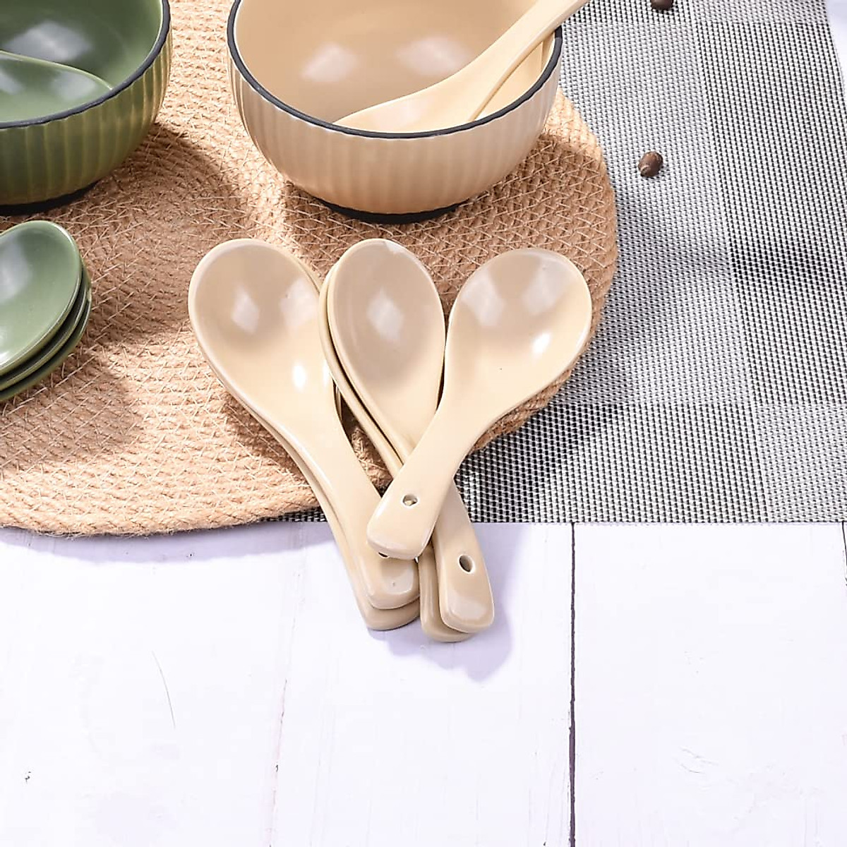 Ceramic Soup Spoons Set of 6 Nordic Style Small Spoon for Ramen Pho Dessert Ice Cream Wonton Beige