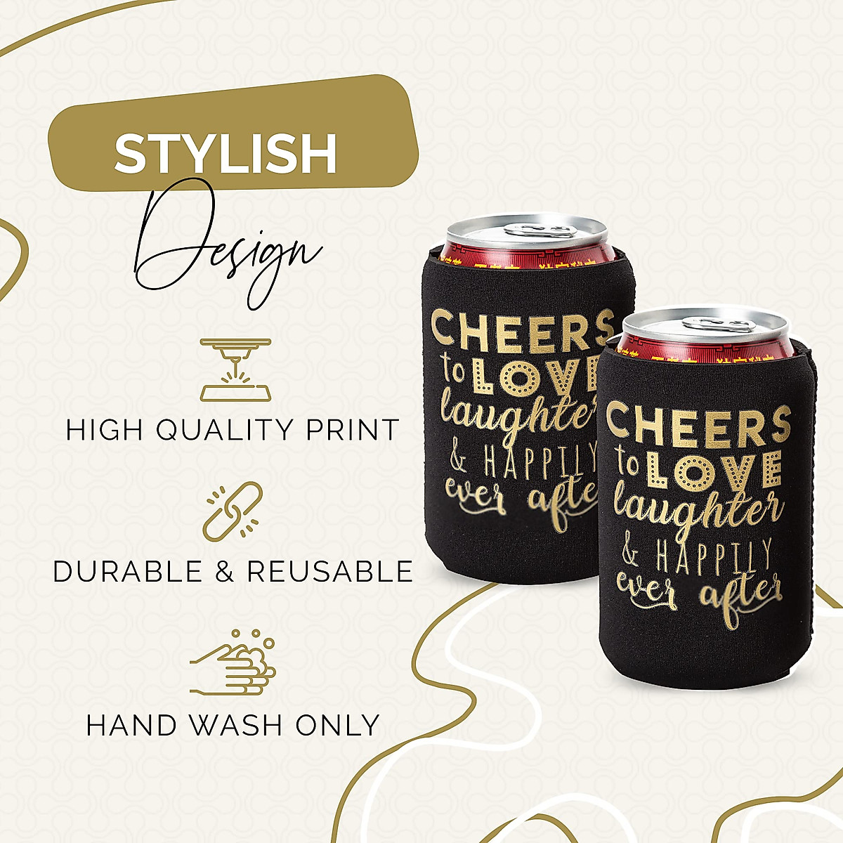 Wedding Can Can Cooler Decorations - Cheers to Love Laughter and Happily Ever After, Can Coolies Set of 12, Wedding Supplies For Bridal Showers, Engagements and Bachelorette Parties (Black)