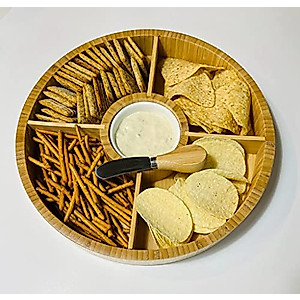 ProSky Chips and Dip Serving Dish, Bamboo Chip and Dip Platter with Dip Cup for Salsa and Spreader Knife, Chip and Dip Bowl Wood, Taco Dip Tray, Appetizer Serving Set, Dip Bowls and Tray Set