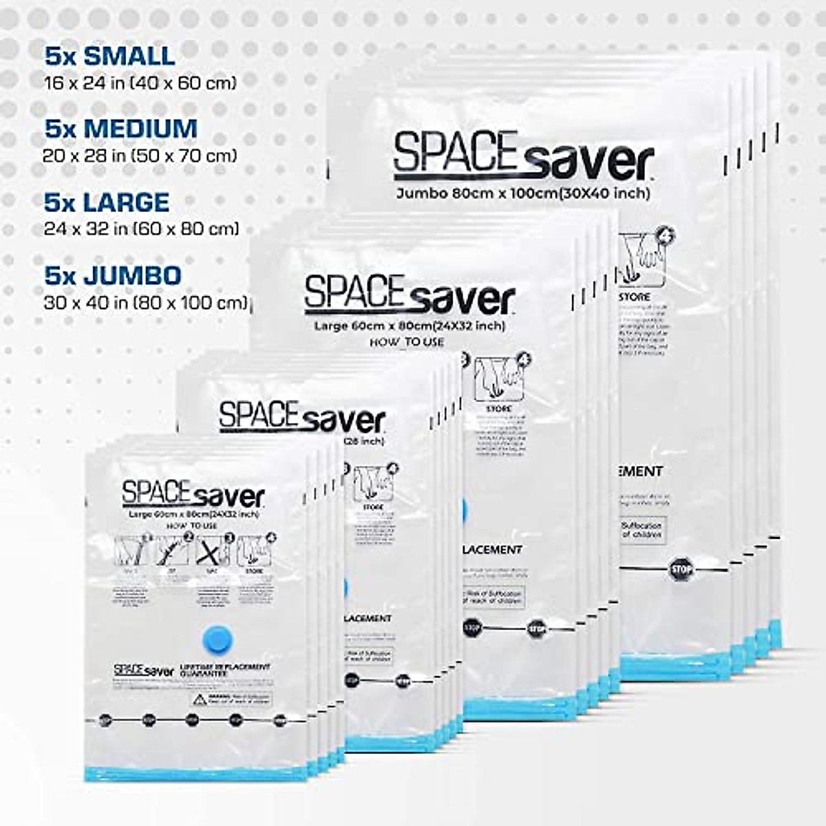 Spacesaver Vacuum Storage Bags (Variety 20 Pack) Save 80% on Clothes Storage Space - Vacuum Sealer Bags for Comforters, Blankets, Bedding, Clothing - Compression Seal for Closet Storage. Pump for Travel.