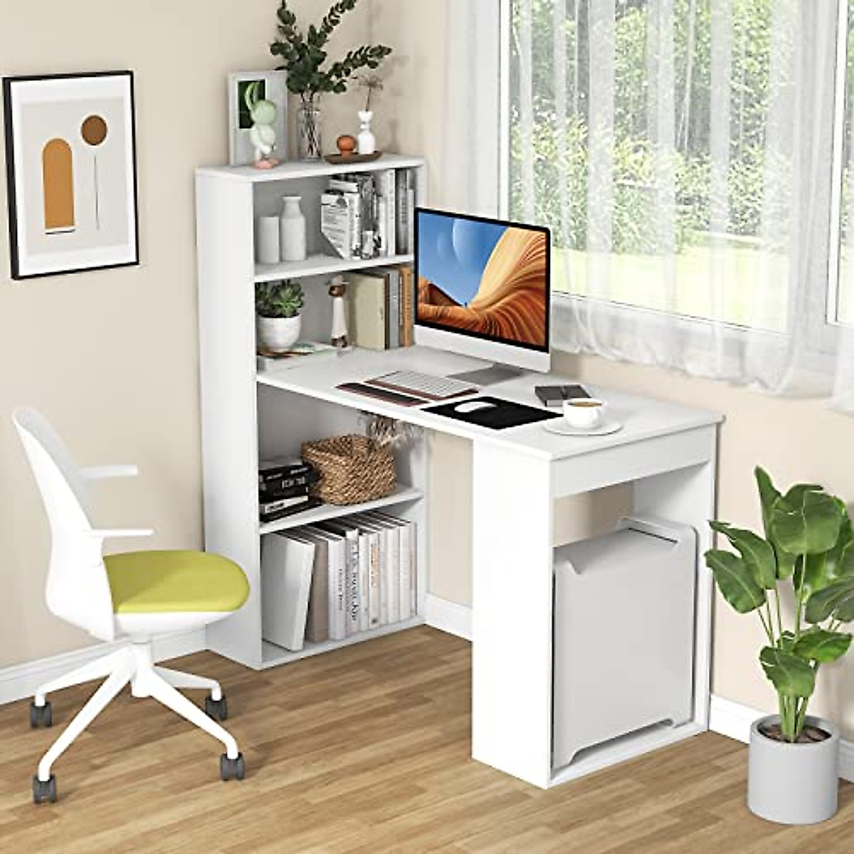 IFANNY 48 Inch Computer Desk with Bookshelf, Reversible Home Office Desk with Open Shelves & CPU Stand, Modern Space-Saving Writing Desk Computer Workstation for Study, Living Room (White)