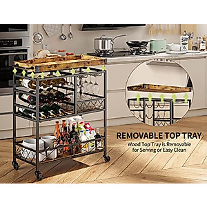 Gizoon 3 Tier 38" Home Bar Serving Cart with Large Storage Space, Mobile Kitchen Storage Trolley with Lockable Wheels, 12 Wine Rack, Glass Holder, Removable Tray (Retro)