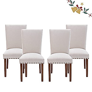 Parsons Dining Chairs Set of 4, Upholstered Nailhead Dining Room Kitchen Side Chair with Thick Cushions and Wood Legs, Beige