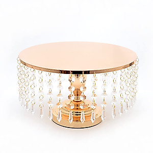 12" Gold Round Metal Pedestal Cake Serving Stand with Crystal Pendants, Dessert Cupcake Pastry Candy Display Plate with Hanging Acrylic Crystals for Wedding Event, Birthday Party(Gold, 12 Inch)