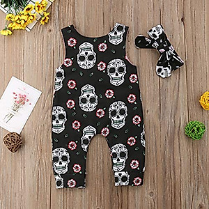 Newborn Infant Baby Girl/Boy Halloween Clothes Skull Floral Romper Jumpsuit Sleeveless Bodysuit Headband Outfit (0-6M, Black)