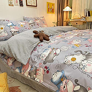 Animal Print Duvet Cover, 3 Pieces 100% Cotton Cat Bedding Set, Pink Gray Blue Cartoon Lovely Cat Pet Pattern Duvet Cover, with Zipper Ties, Luxury Ultra Soft Extremely Durable (Cat, Queen)