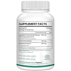 Orgabay Liposomal Nicotinamide Riboside 2000 MG with TMG and Pterostilbene, Boosting NAD+, Support Healthy Aging, 60 Count