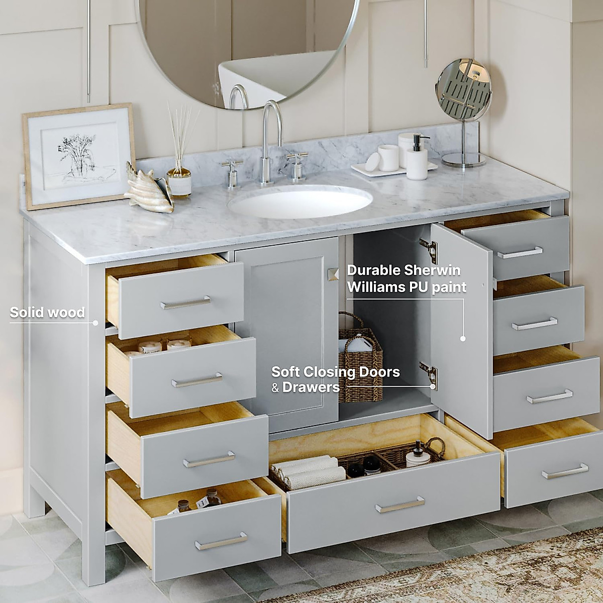 ARIEL 61" Grey Bathroom Vanity with Italian Carrara Marble Countertop & Backsplash, Center Oval Sink, 2 Soft Closing Doors, 9 Full Extension Dovetail Drawers, Brushed Nickel