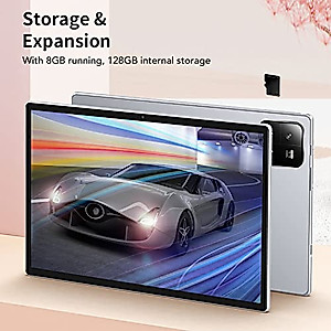 Naroote Tablet PC, 8GB RAM 128GB ROM Octa Core CPU Dual Camera Office Tablet 8800mAh Silver Color IPS Screen 10 Inch for Family (US Plug)