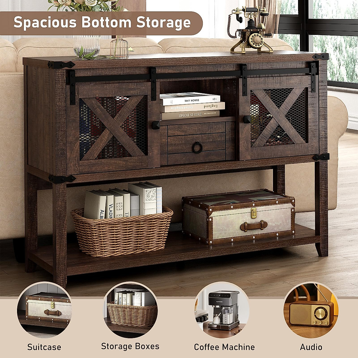 Hlivelood Farmhouse Entryway Table with 2 Sliding Barn Doors & Drawer, 46'' Rustic Console Table with Storage, Open Shelf Space, Industrial Sofa Table for Living Room, Entryway, Hallway, Brown