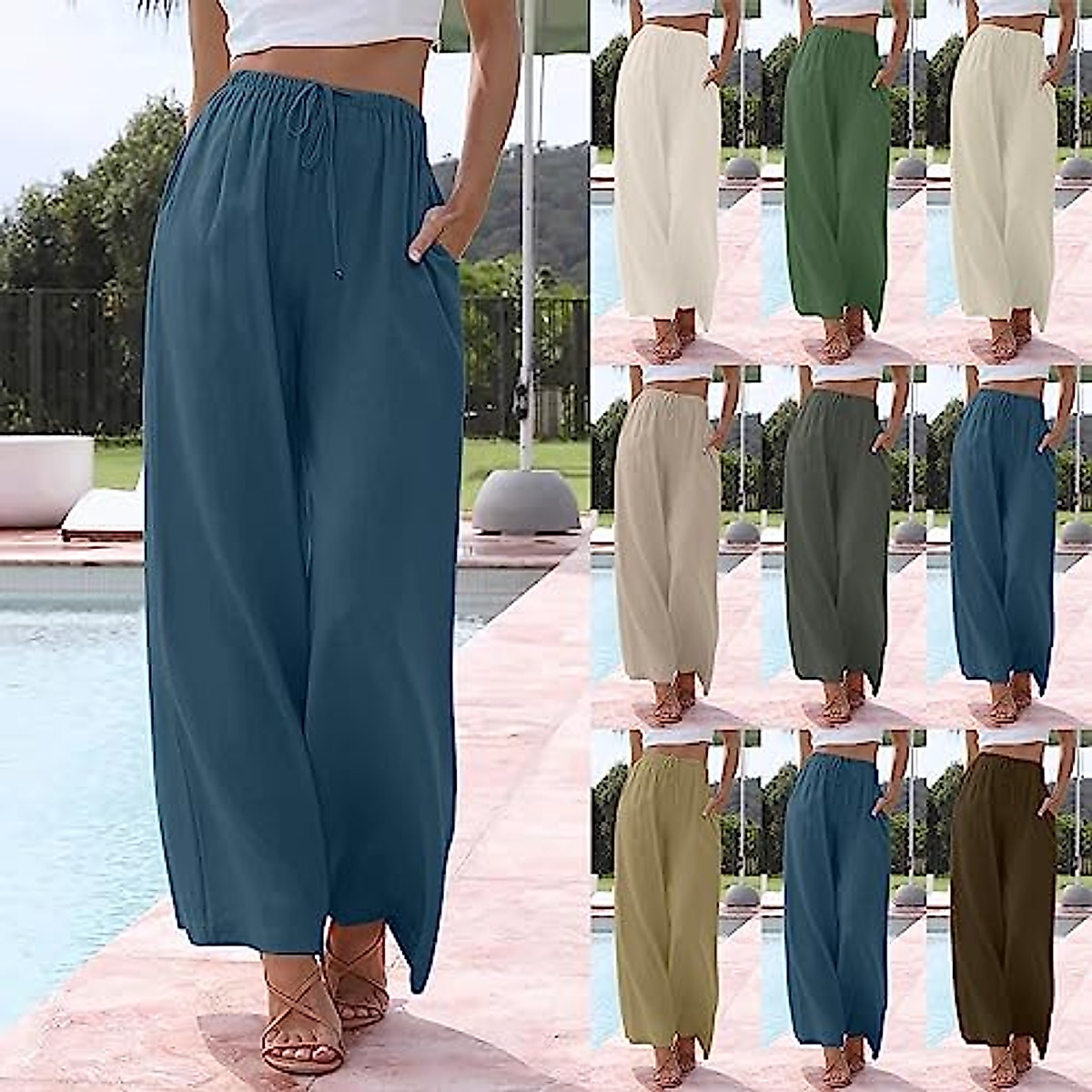 IAMAGOODLADY Palazzo Pants Women's 9-Pant Loose High Waist Cotton Linen Women's High Waisted Pants Linen Pants Women Summer Waisted Elastic Waistband Palazzo