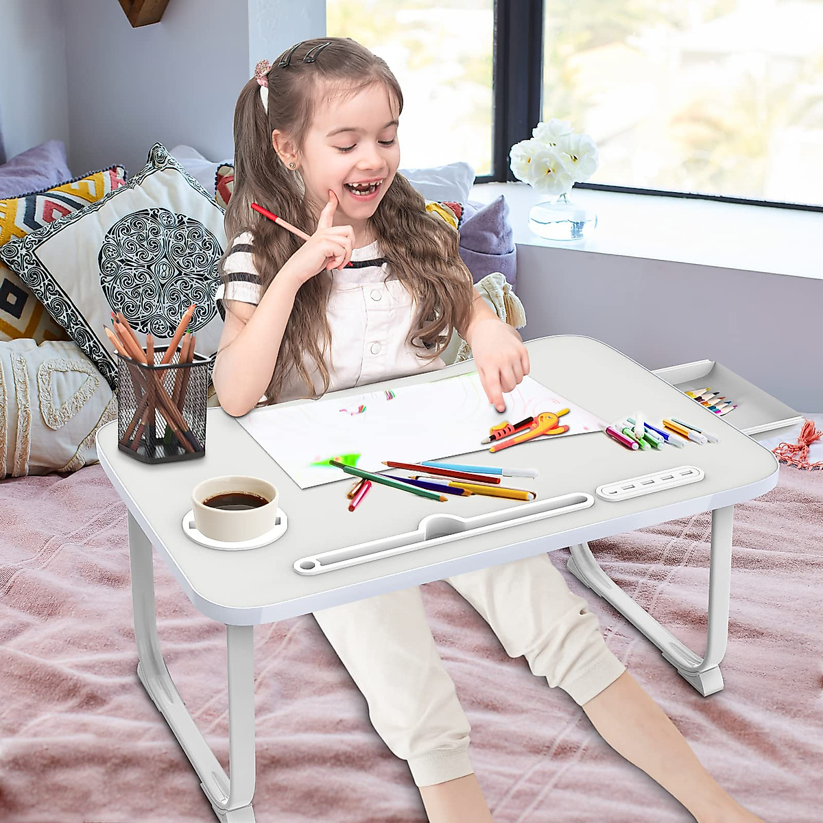 Fayquaze Laptop Bed Desk, Portable Foldable Laptop Bed Table with USB Charge Port Storage Drawer and Cup Holder,Lap Desk Laptop Stand Tray Table Serving Tray for Eating, Reading and Working