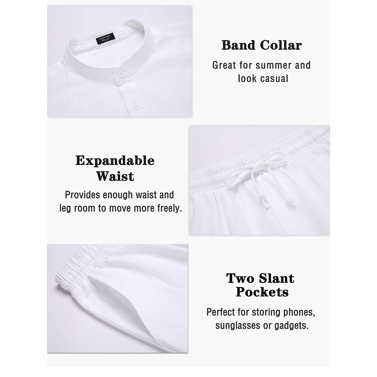 COOFANDY Mens White Beach Shirt And Shorts Casual Long Sleeve V-Neck Beach Shirt And Big And Tall Shorts For Men (White L